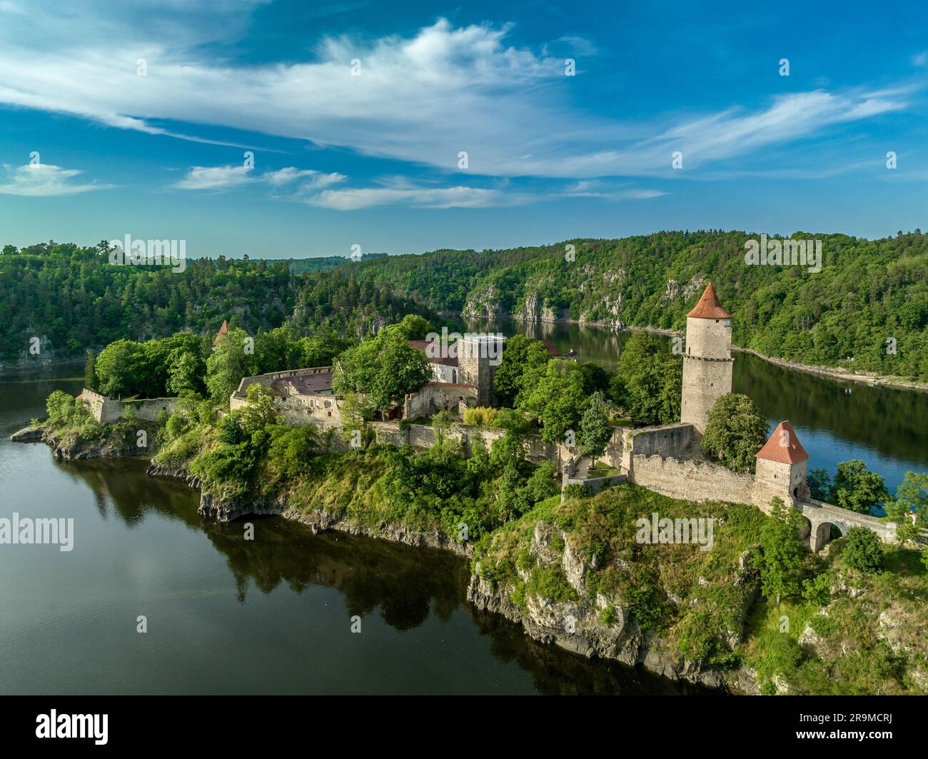Aerial view of early Gothic Zvikov castle on difficult-to-access and ...