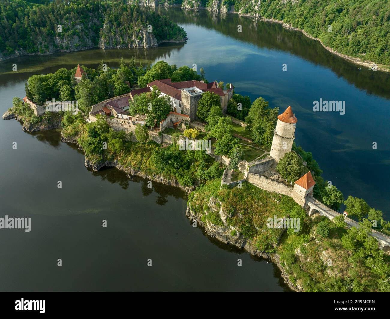 Aerial view of early Gothic Zvikov castle on difficult-to-access and ...