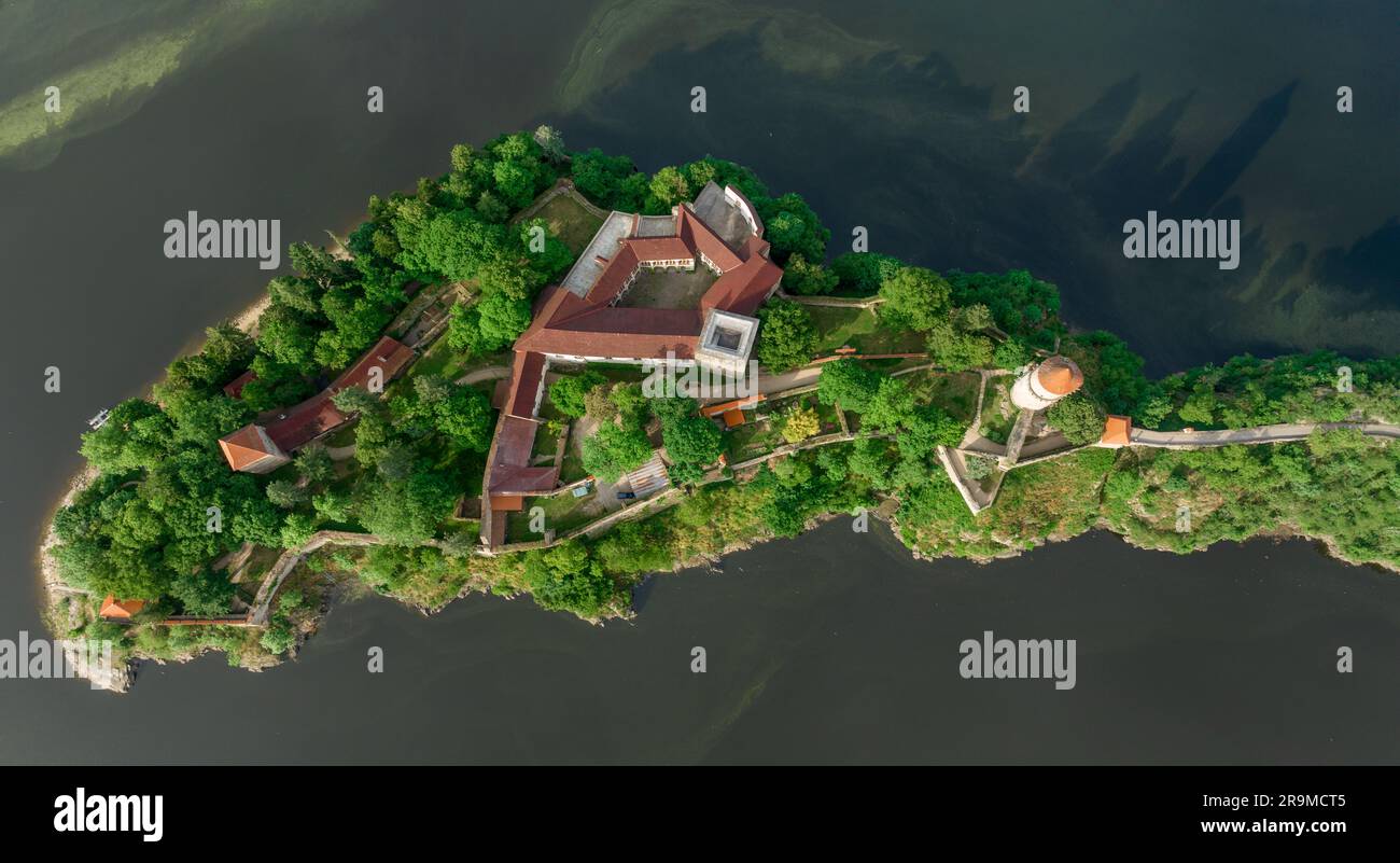 Aerial view of early Gothic Zvikov castle on difficult-to-access and ...