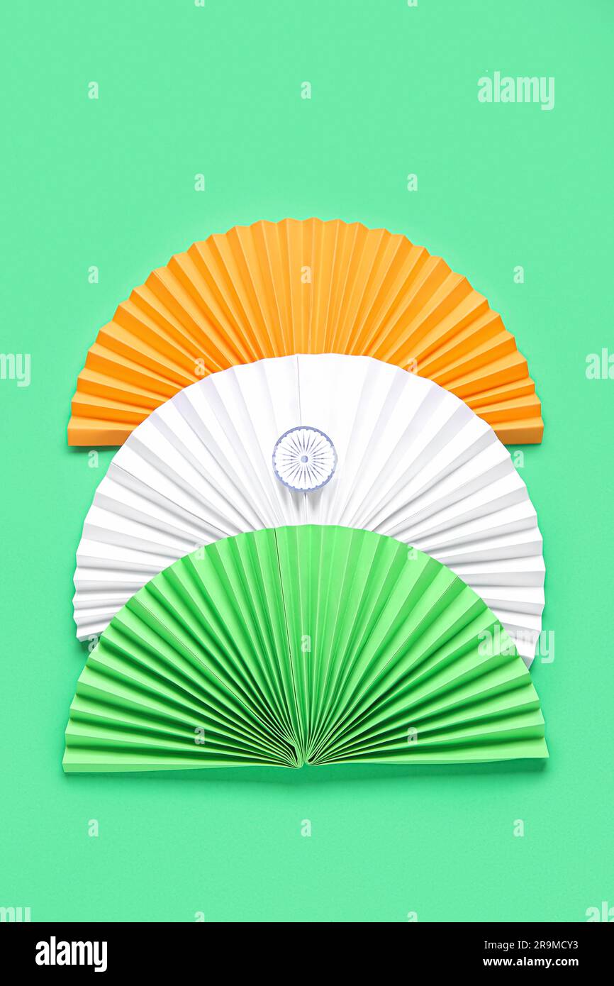 Indian flag made of colorful fans on green background Stock Photo - Alamy