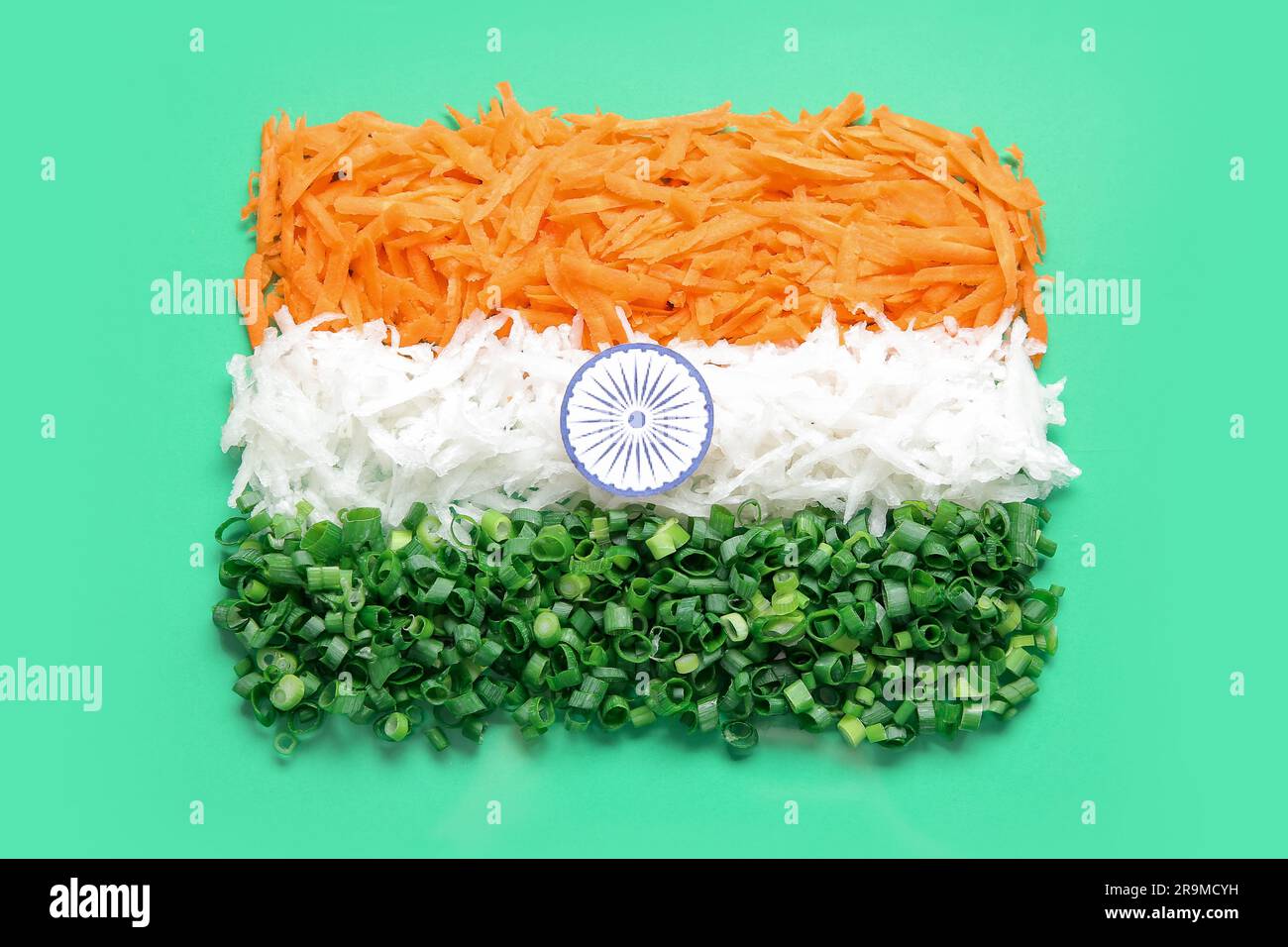 Indian flag made of fresh vegetables on green background Stock Photo ...