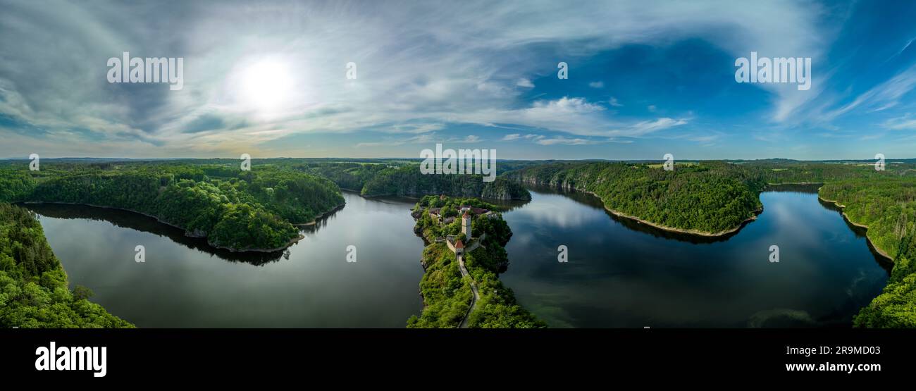 Aerial view of early Gothic Zvikov castle on difficult-to-access and ...