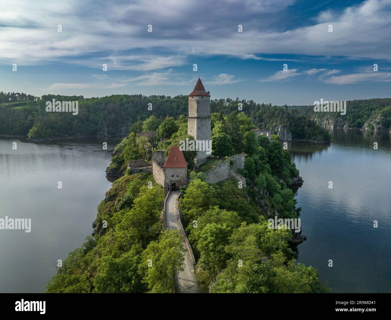 Aerial view of early Gothic Zvikov castle on difficult-to-access and ...