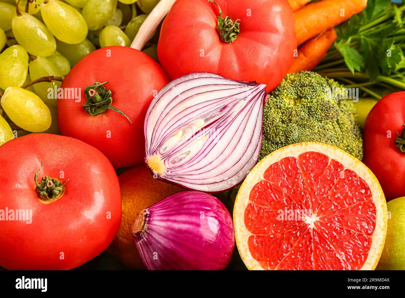 Texture of different fresh fruits and vegetables as background Stock ...