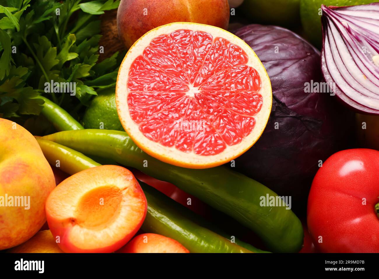 Texture of different fresh fruits and vegetables as background Stock ...