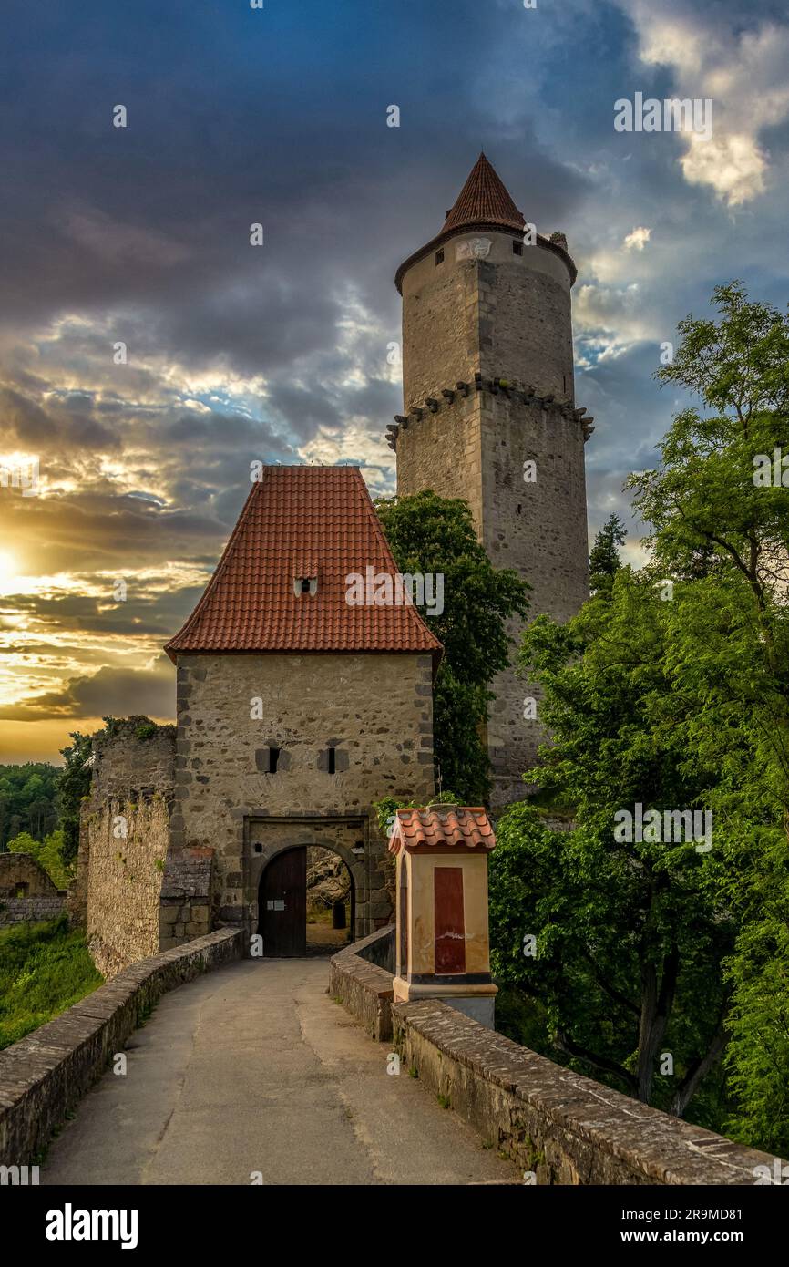 Aerial view of early Gothic Zvikov castle on difficult-to-access and ...