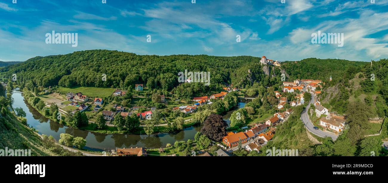 Aerial panorama view of the Thaya river curving at Vranov nad Dyji with ...