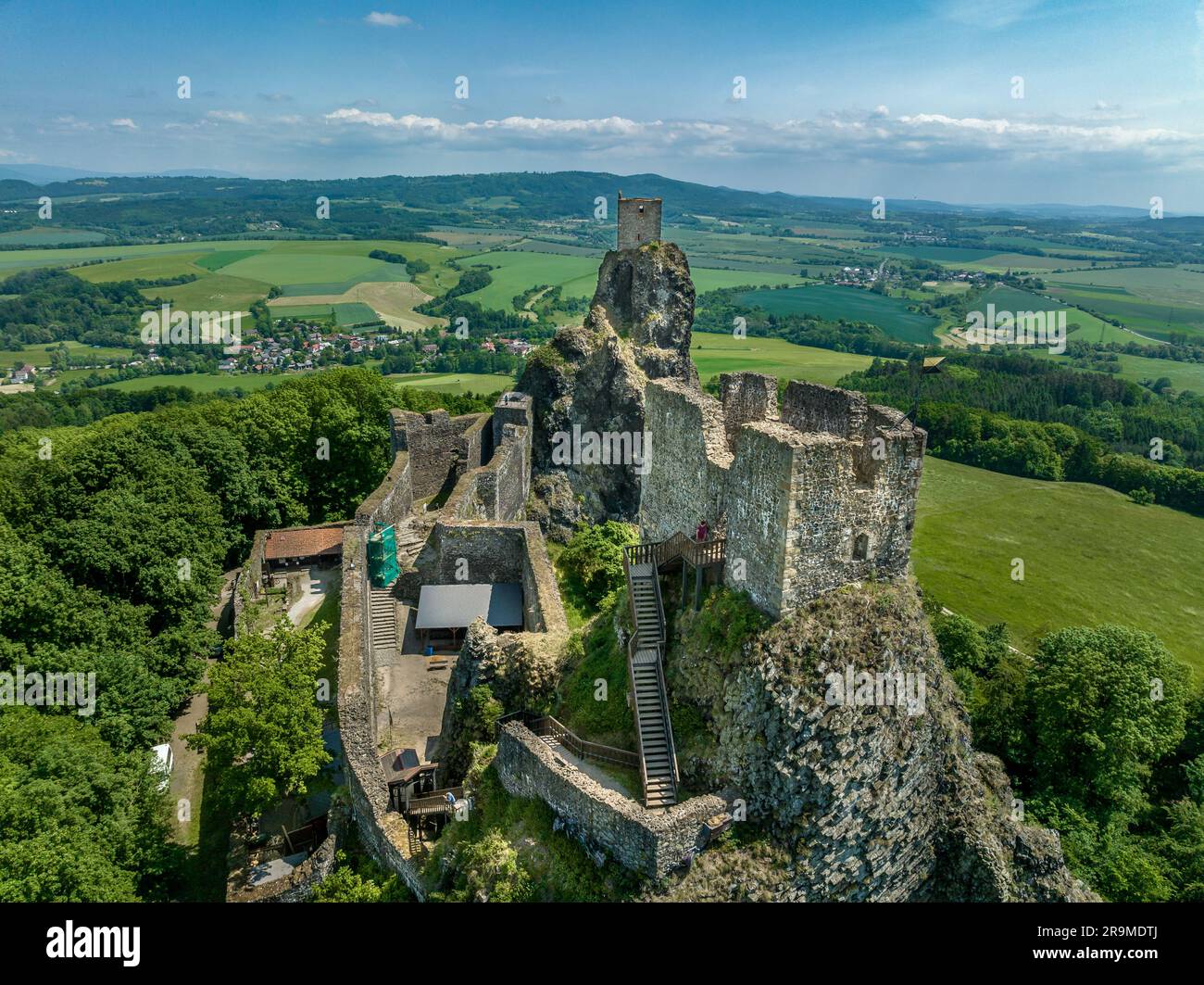 Aerial view of two tower medieval stronghold Trosky state castle in the ...