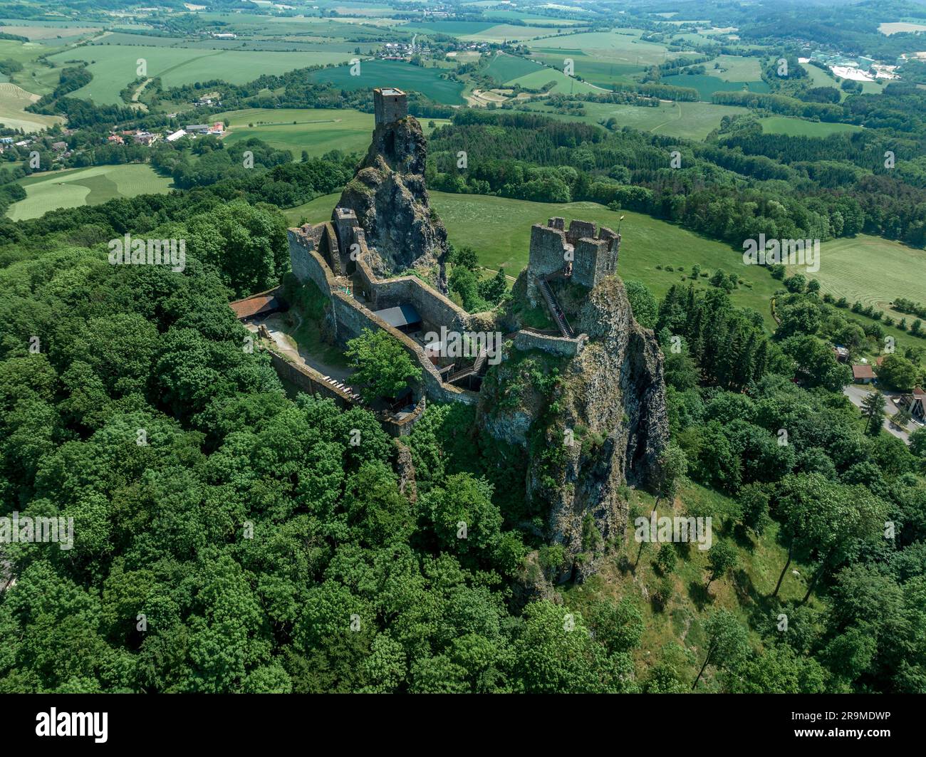 Aerial view of two tower medieval stronghold Trosky state castle in the ...