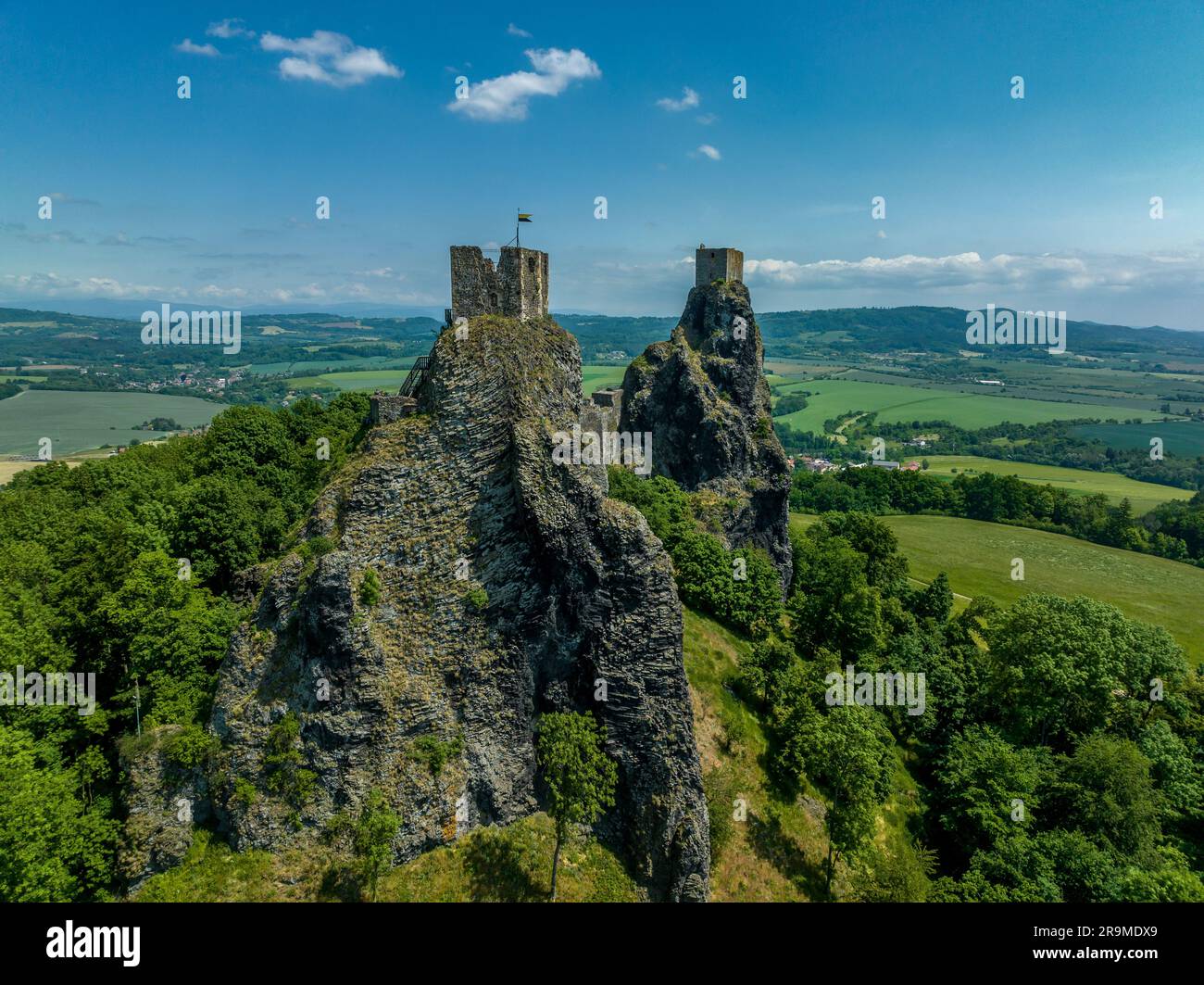 Aerial view of two tower medieval stronghold Trosky state castle in the ...