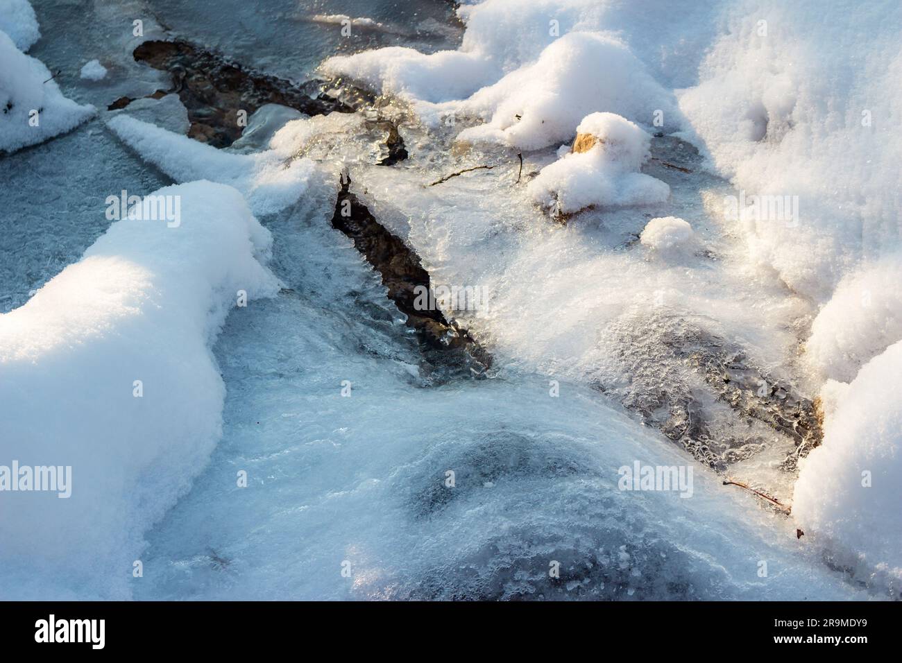Ice buildup on a frozen river in winter Stock Photo - Alamy