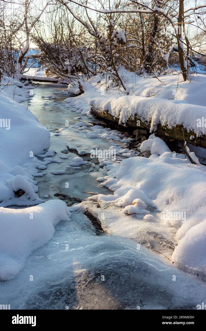 Ice-covered frozen stream in winter, vertical view Stock Photo - Alamy