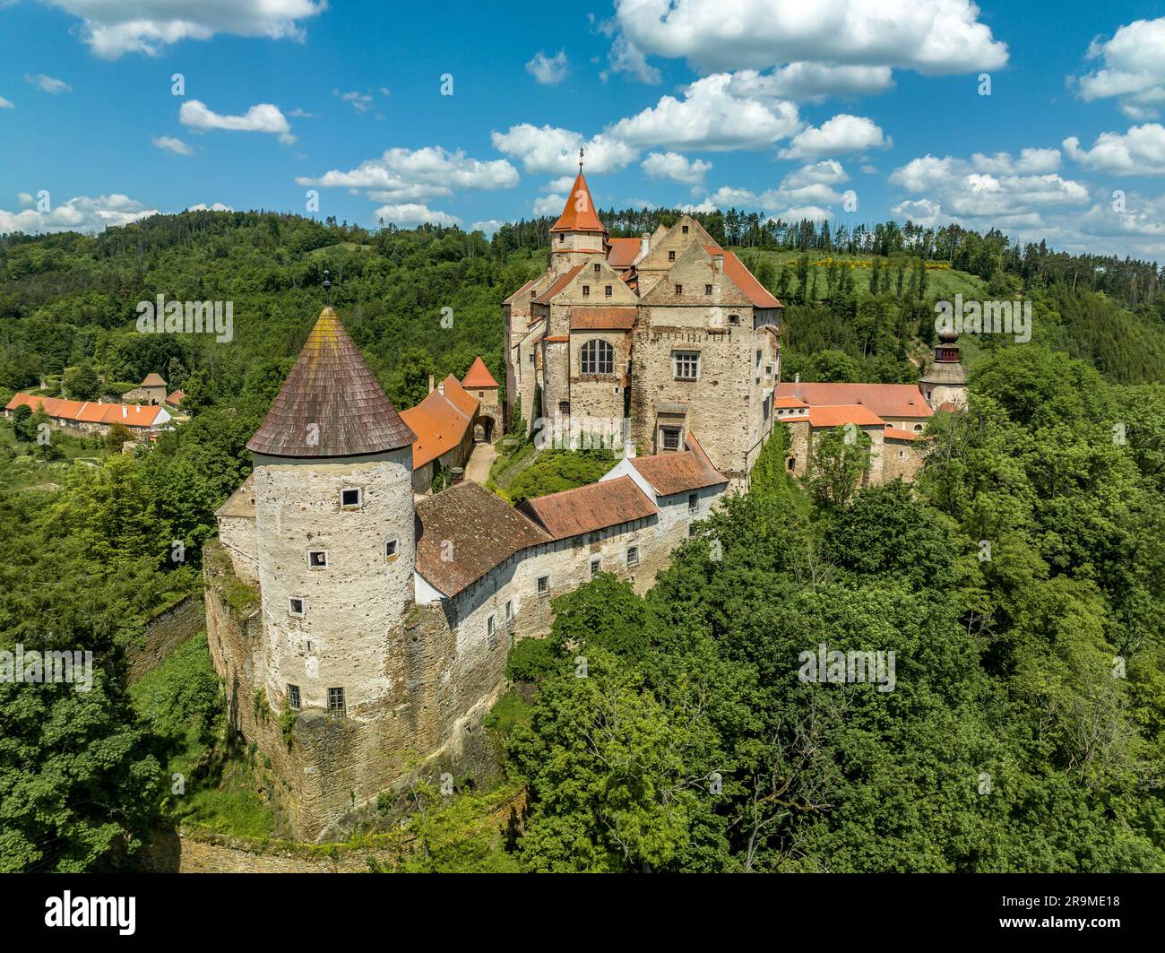 Aerial view of Pernstejn castle with Gothic palace red roof ...
