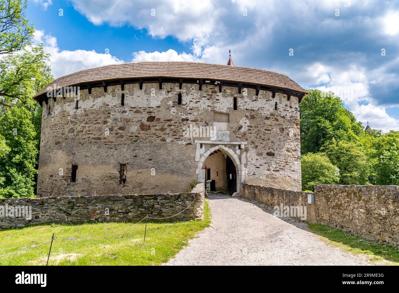 Aerial view of Pernstejn castle with Gothic palace red roof ...