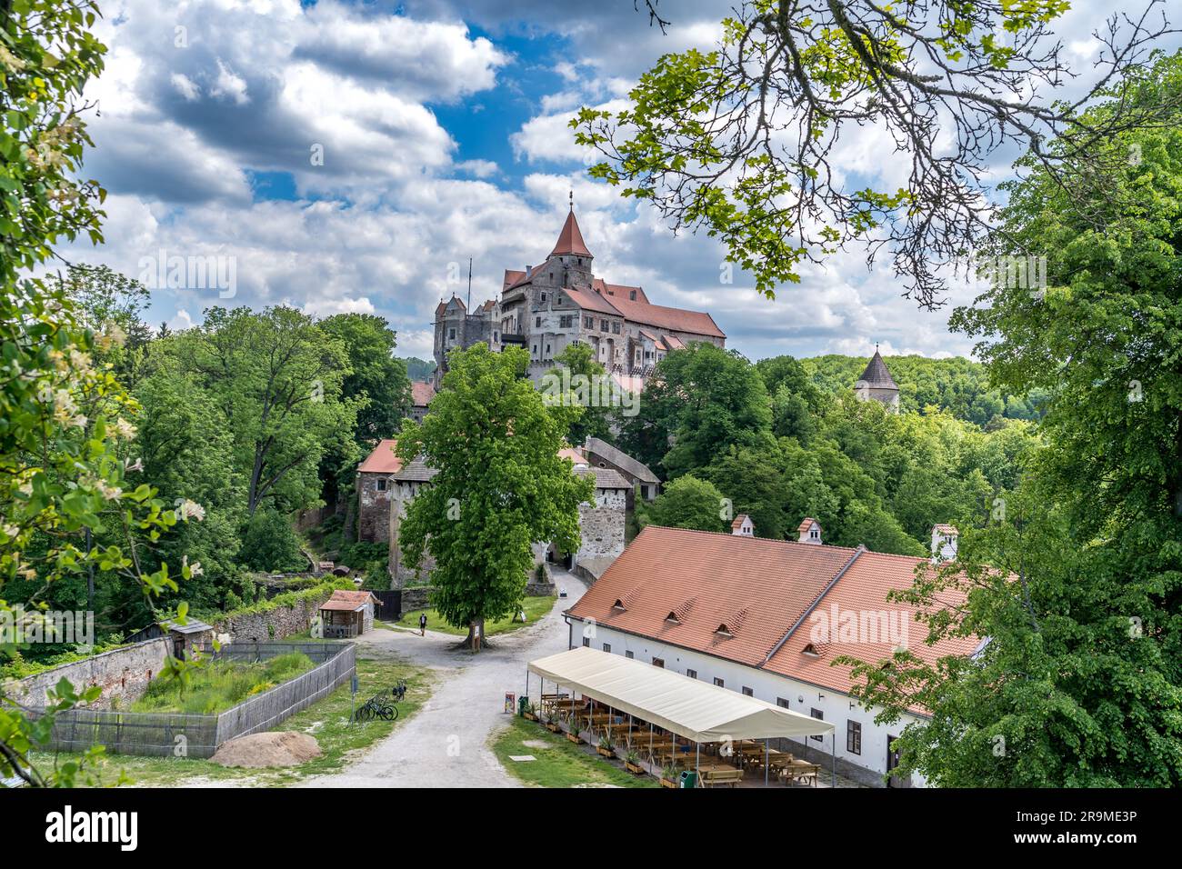 Aerial view of Pernstejn castle with Gothic palace red roof ...