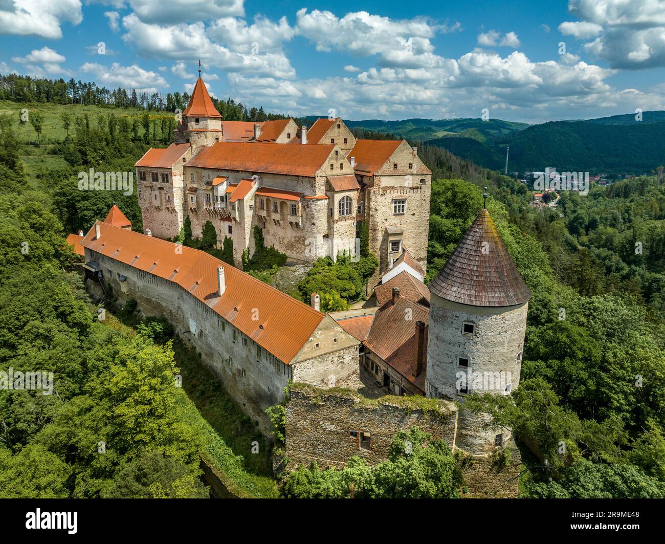 Aerial view of Pernstejn castle with Gothic palace red roof ...