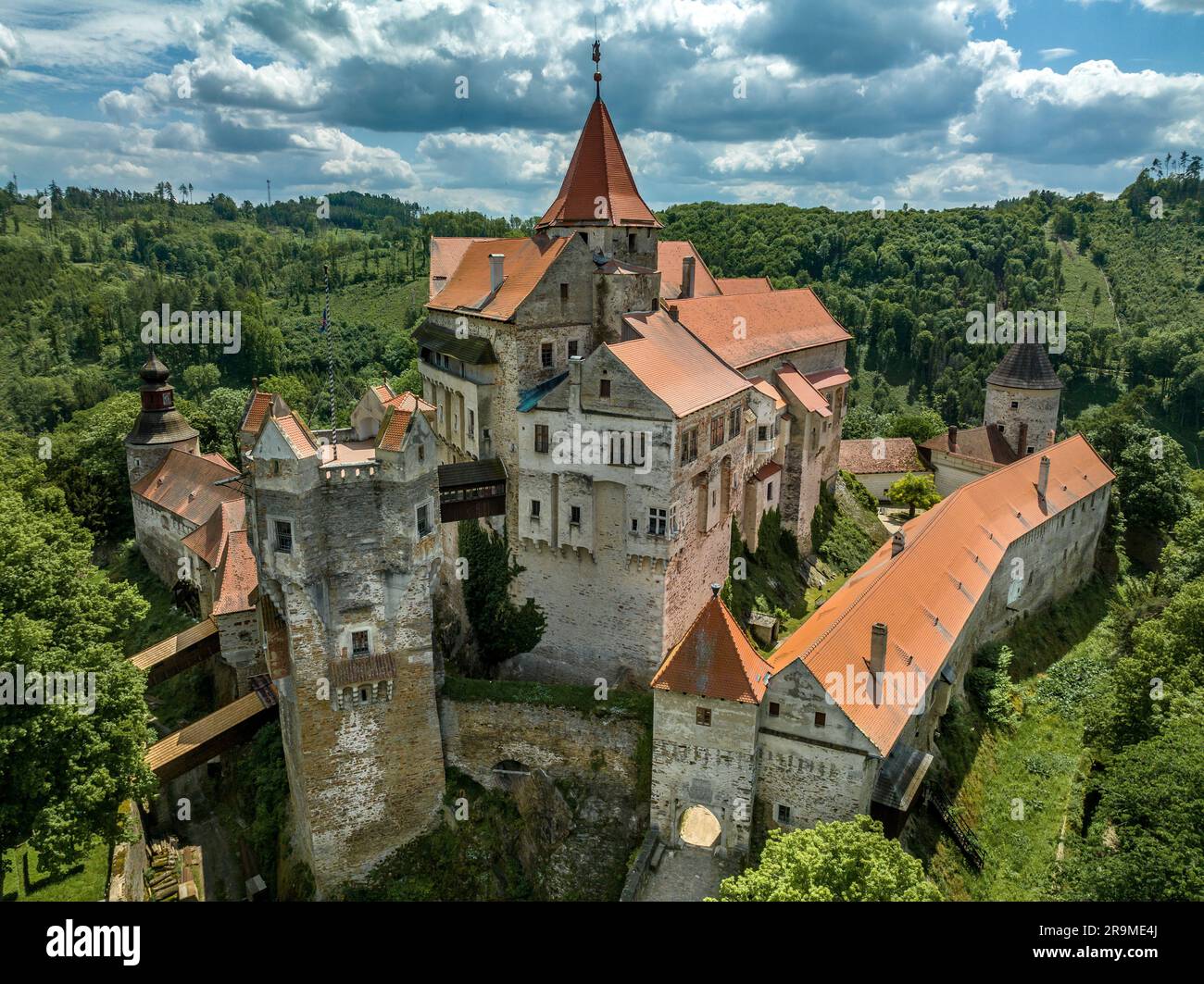 Aerial view of Pernstejn castle with Gothic palace red roof ...