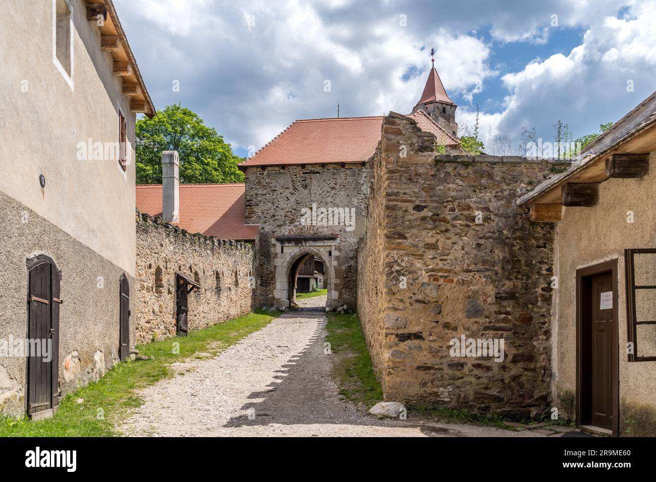 Aerial view of Pernstejn castle with Gothic palace red roof ...