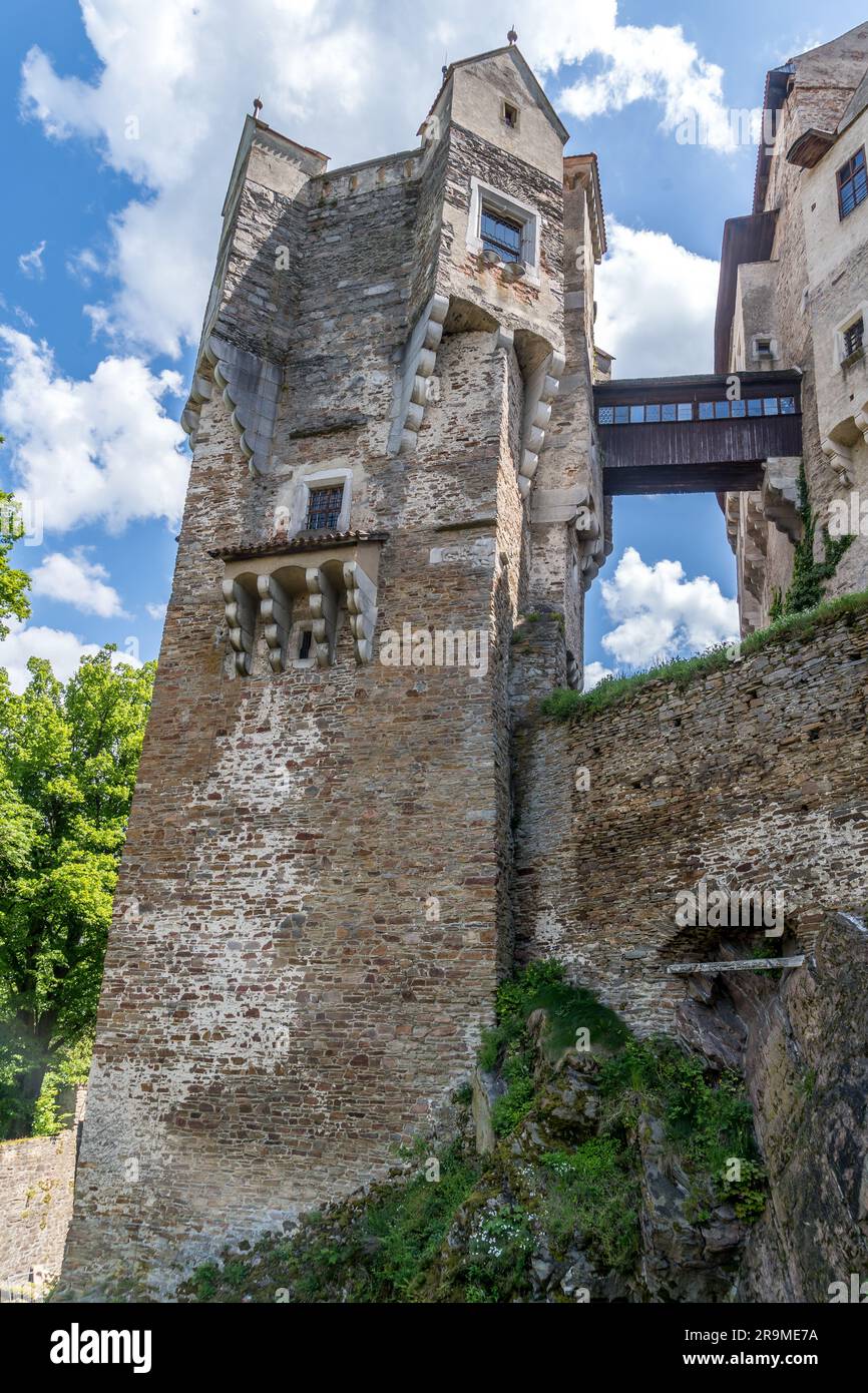 Aerial view of Pernstejn castle with Gothic palace red roof ...