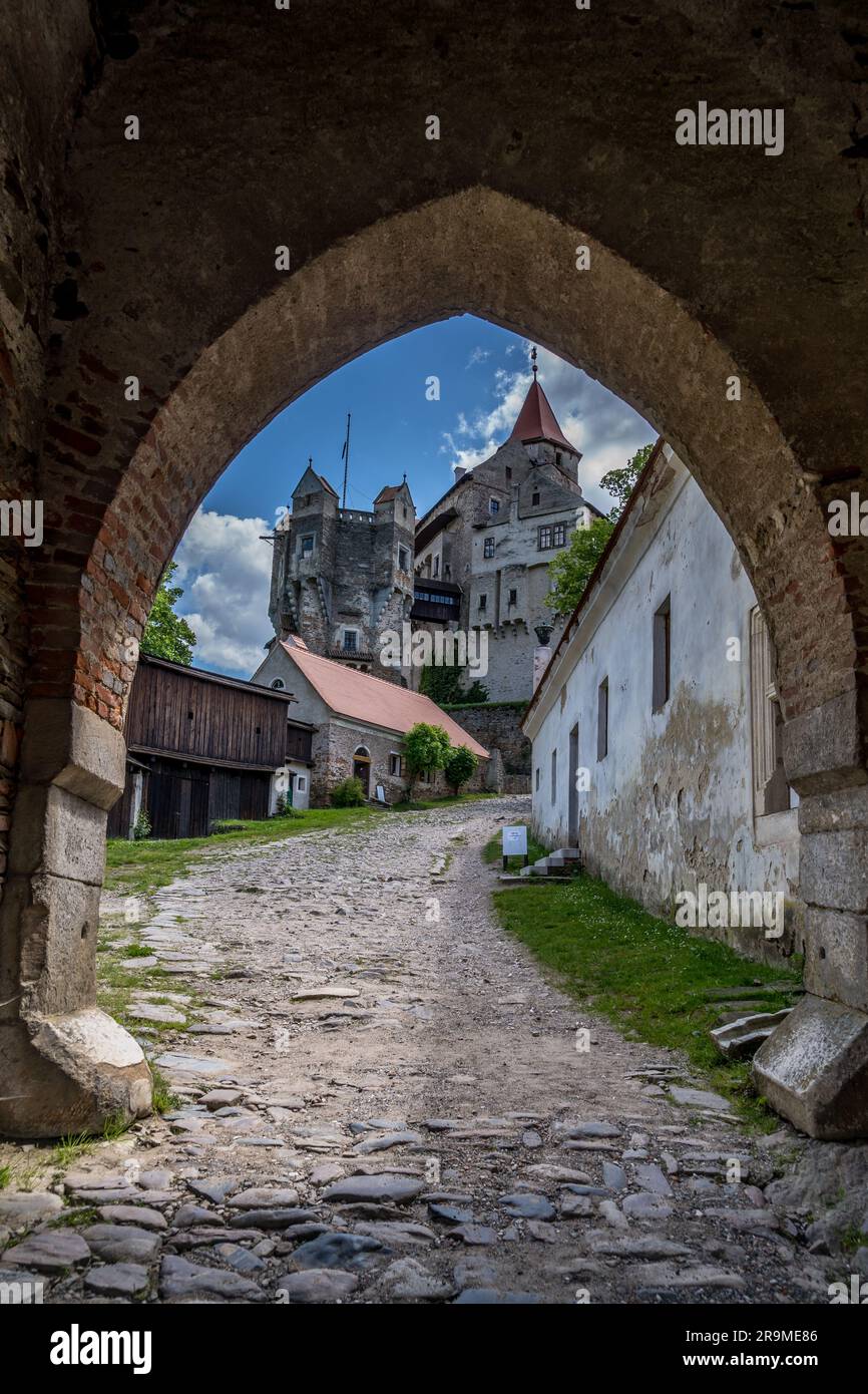 Aerial view of Pernstejn castle with Gothic palace red roof ...