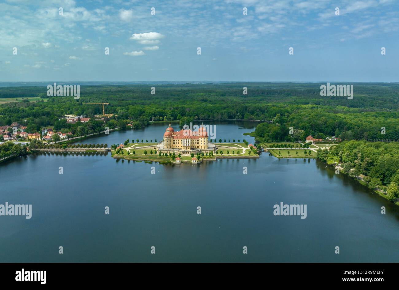 Aerial view of Moritzburg castle a Baroque palace with four round ...