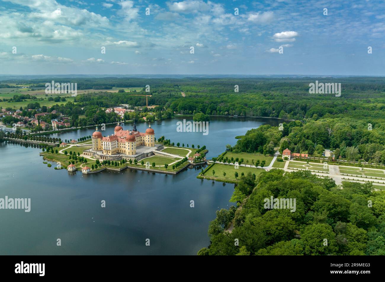 Aerial view of Moritzburg castle a Baroque palace with four round ...