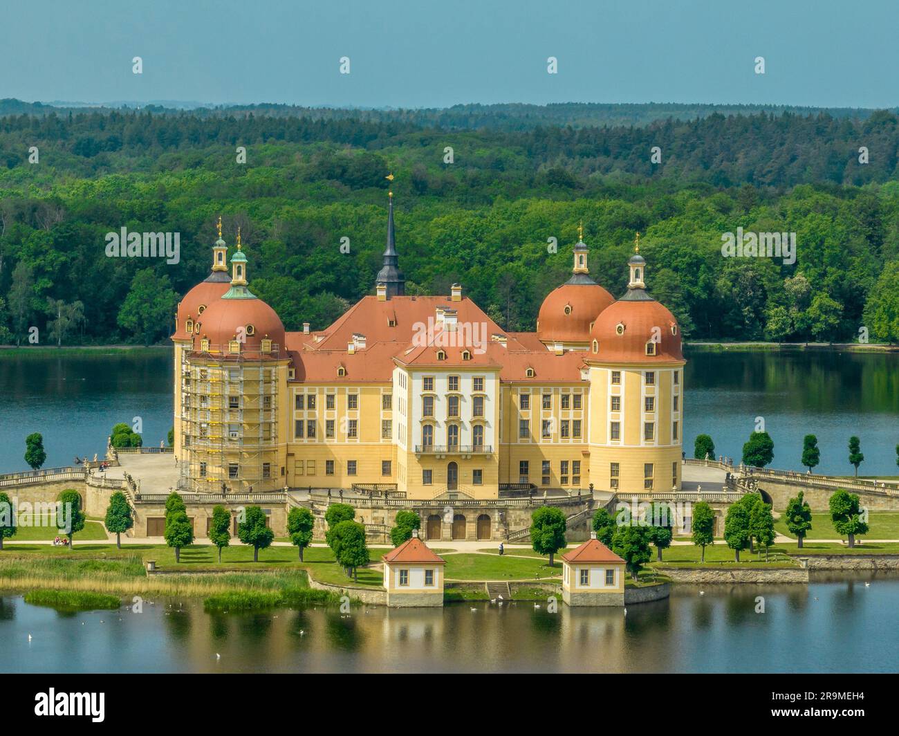Aerial view of Moritzburg castle a Baroque palace with four round ...