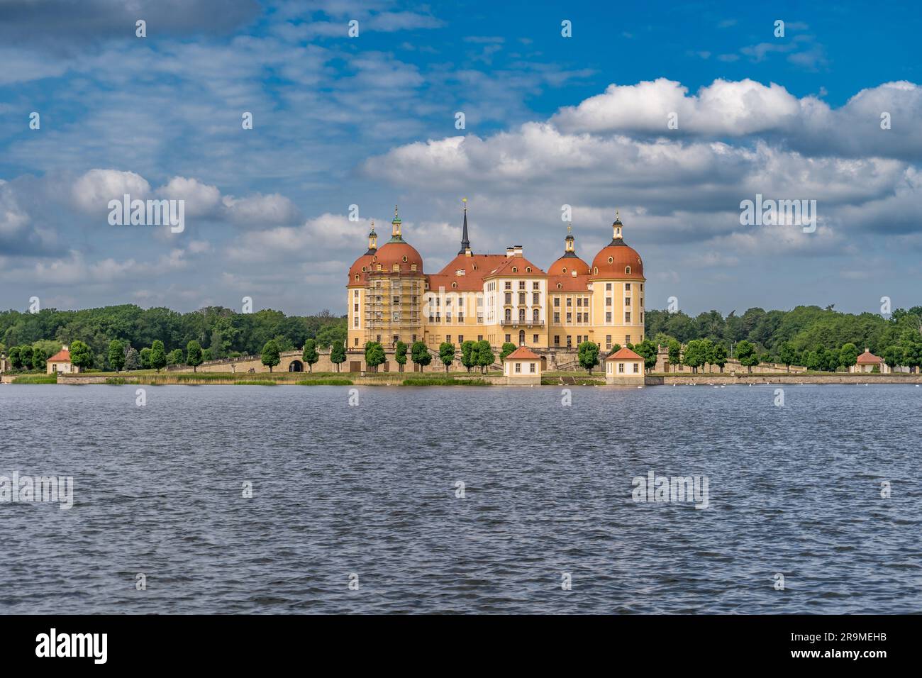 Aerial view of Moritzburg castle a Baroque palace with four round ...