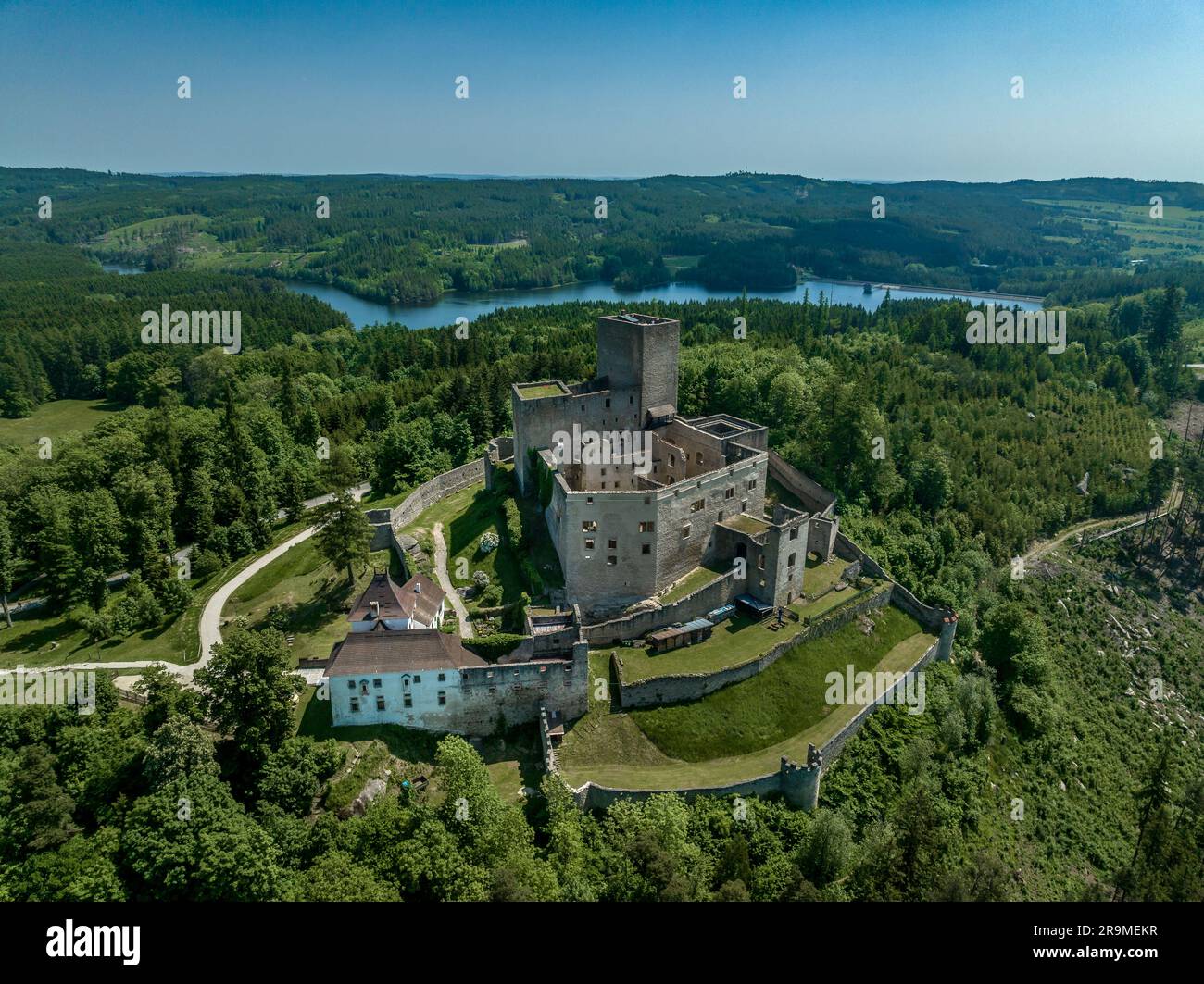 Aerial view of Landstejn castle with rectangular keep and concentric ...