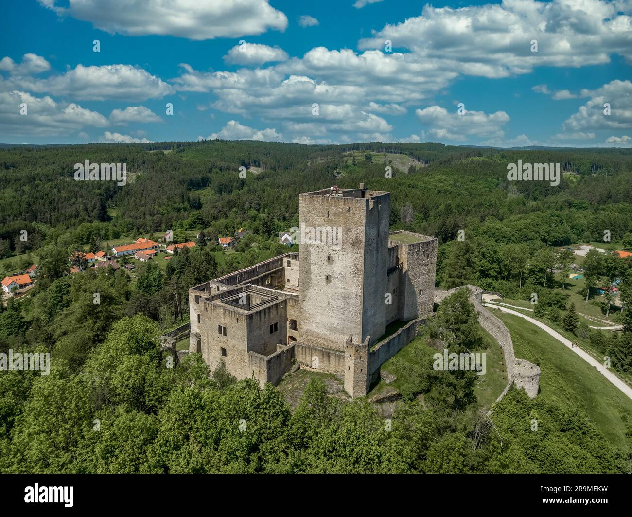 Aerial view of Landstejn castle with rectangular keep and concentric ...