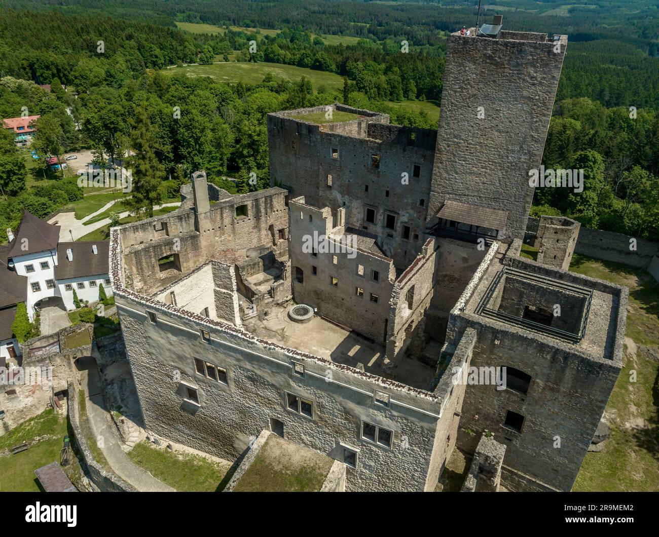 Aerial view of Landstejn castle with rectangular keep and concentric ...
