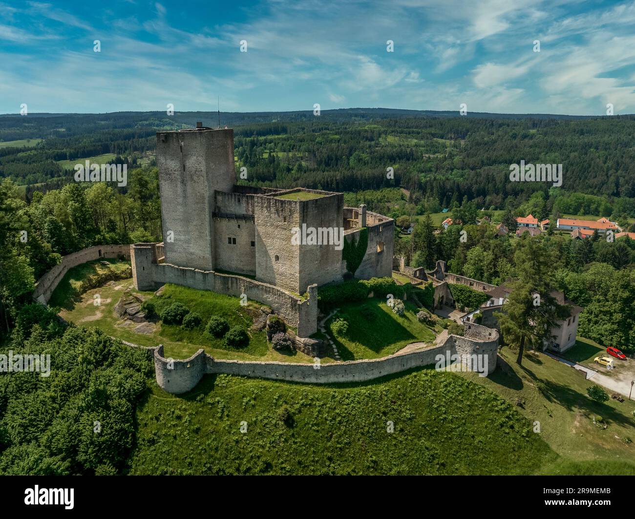 Aerial view of Landstejn castle with rectangular keep and concentric ...