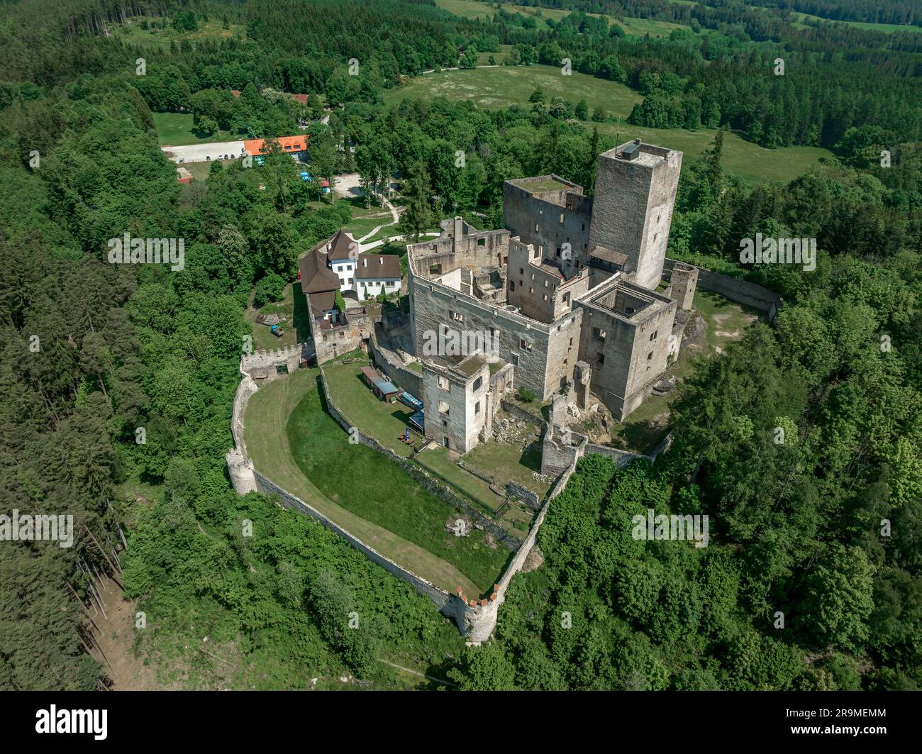 Aerial view of Landstejn castle with rectangular keep and concentric ...