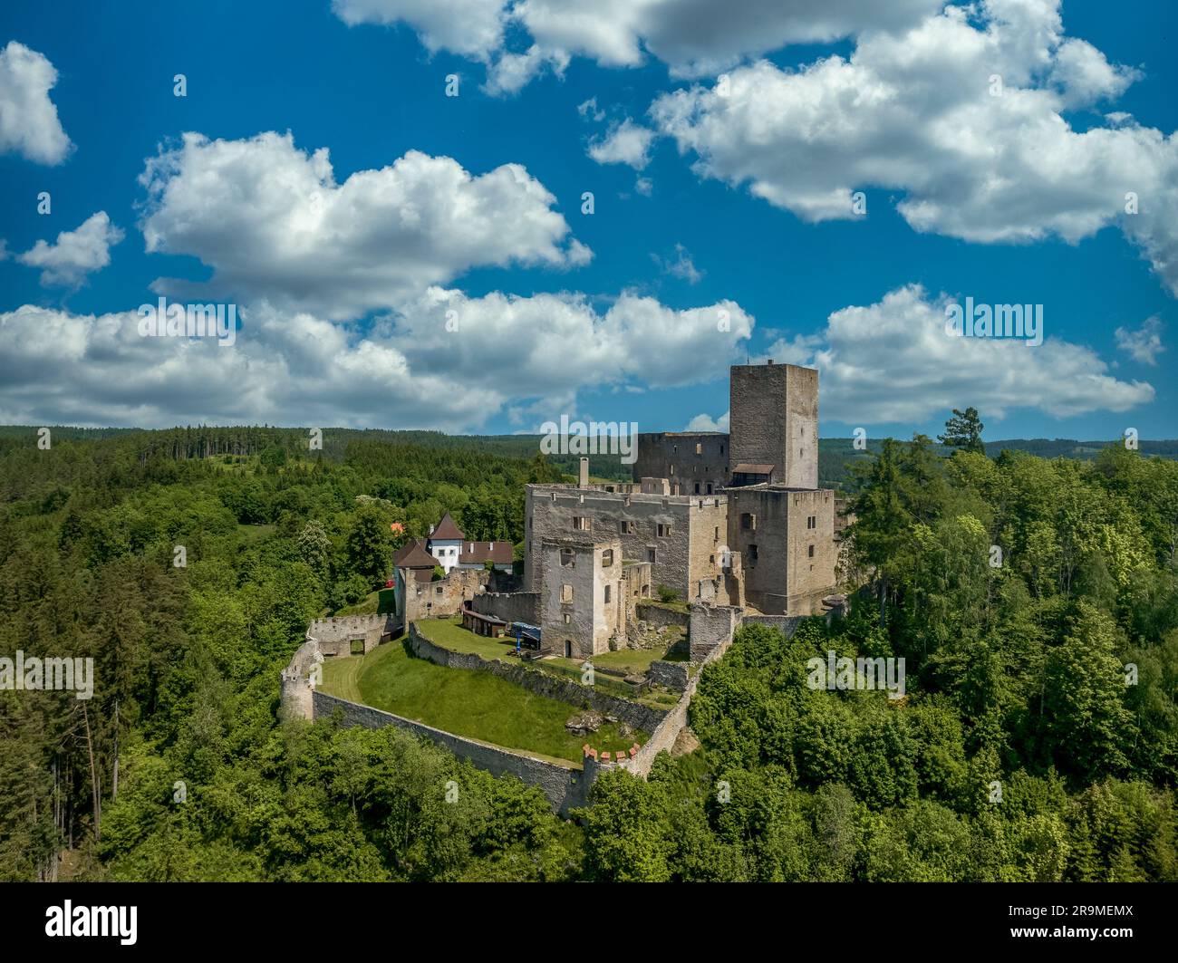 Aerial view of Landstejn castle with rectangular keep and concentric ...