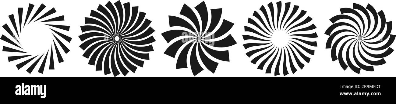 Stylized curl sunburst circles collection. Black and white radial ...