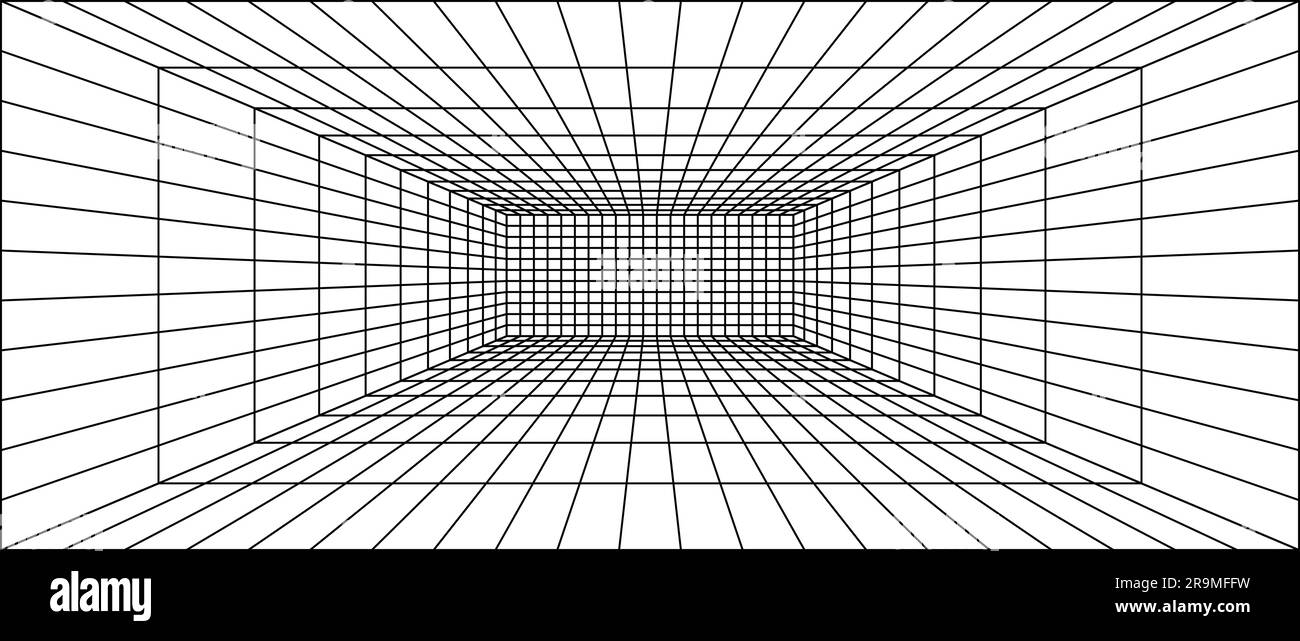 Wireframe grid room. 3d perspective background. Futuristic digital ...