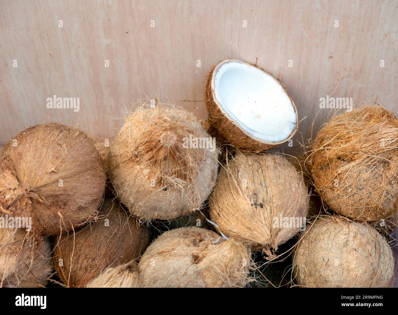 Fresh raw coconuts in the traditional market, in Bantul, Yogyakarta ...