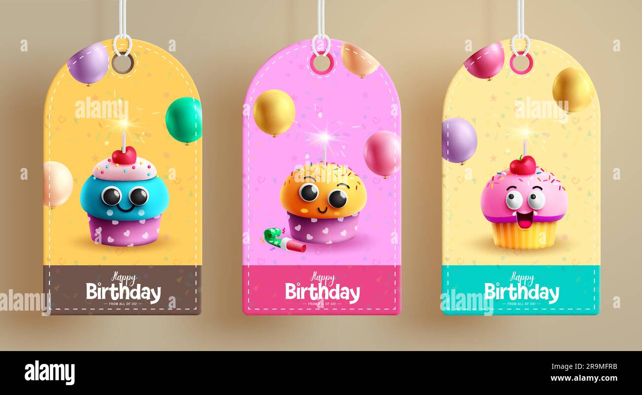 Happy birthday card set vector design. Birthday greeting text with ...