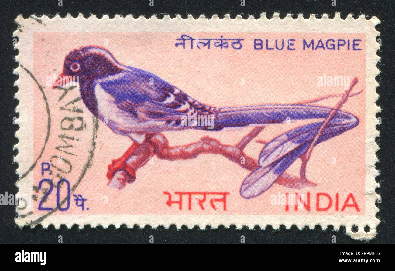INDIA - CIRCA 1968: stamp printed by India, shows Redbilled Blue Magpie, circa 1968 Stock Photo ...