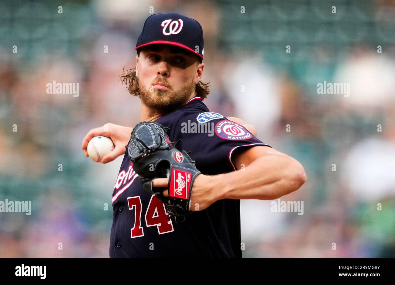 Washington Nationals starting pitcher Jake Irvin throws to a Seattle ...