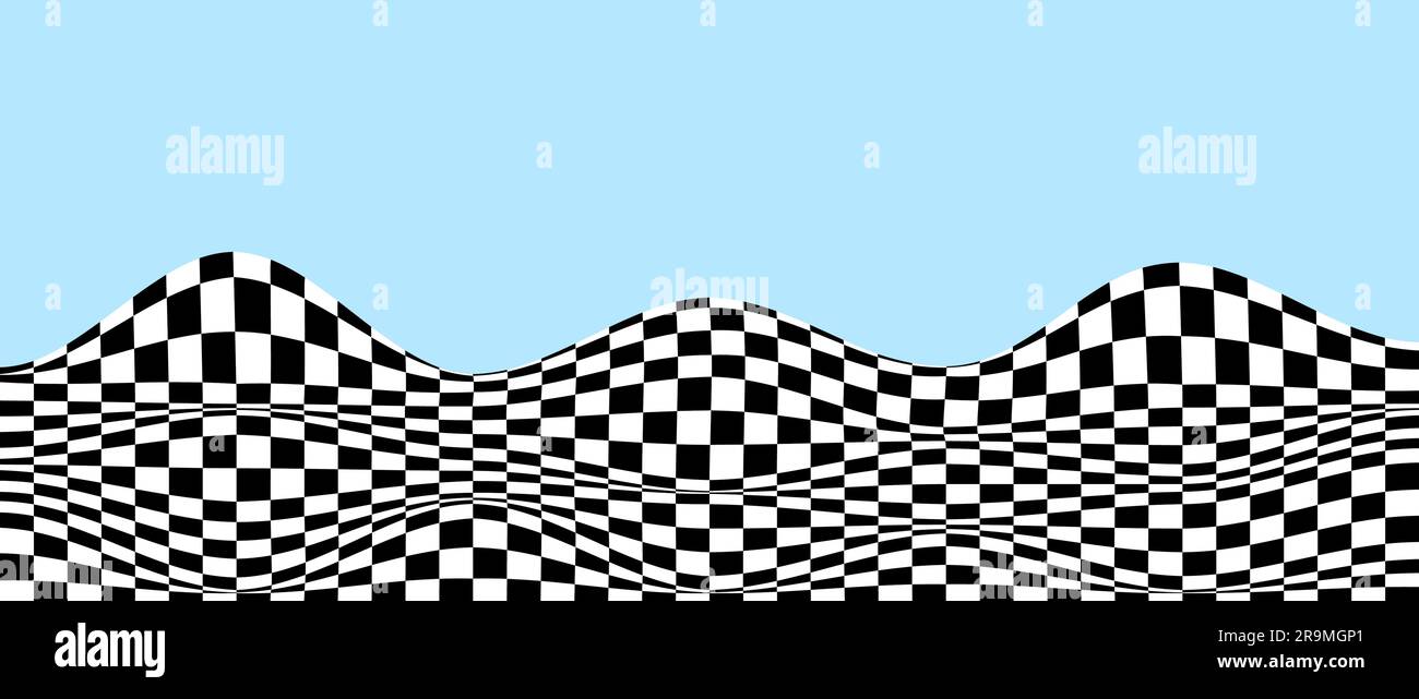 Wavy checkered pattern on blue background. black and white curved ...