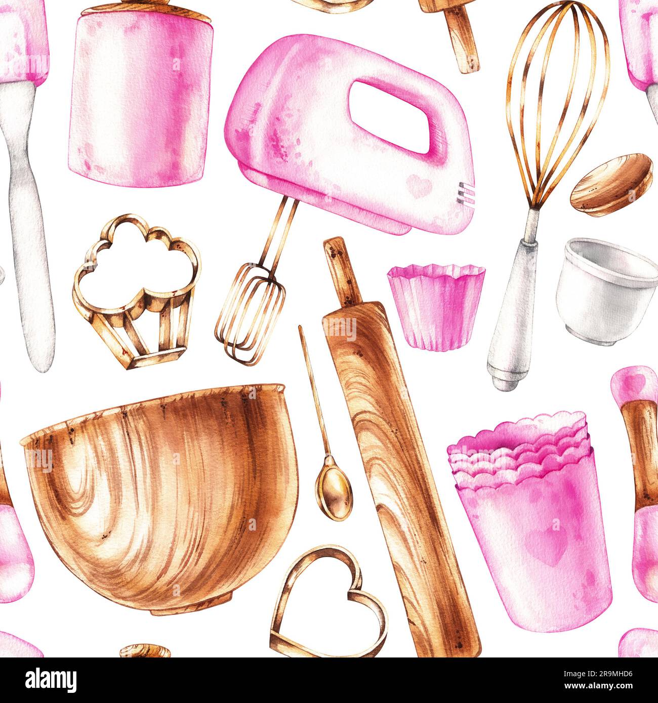 Pattern of tools for baking on a white background. Mixer, rolling pin ...