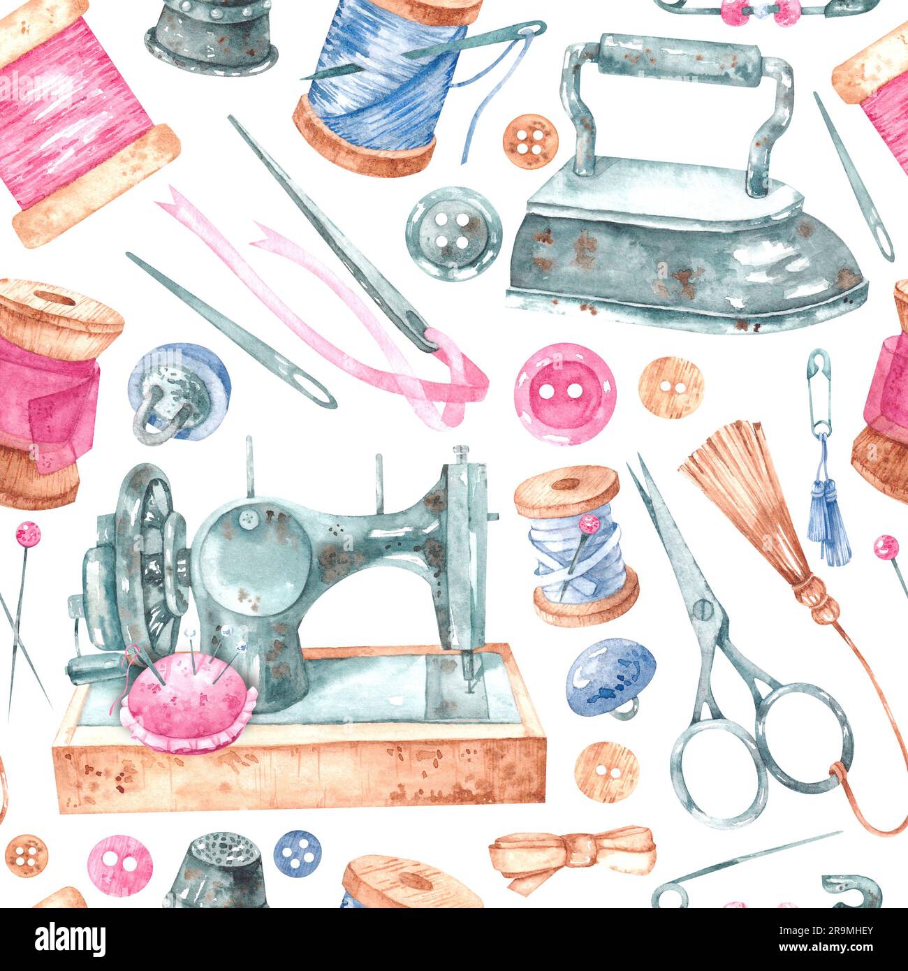 Pattern of tools for sewing on a white background. Sewing machine, iron ...