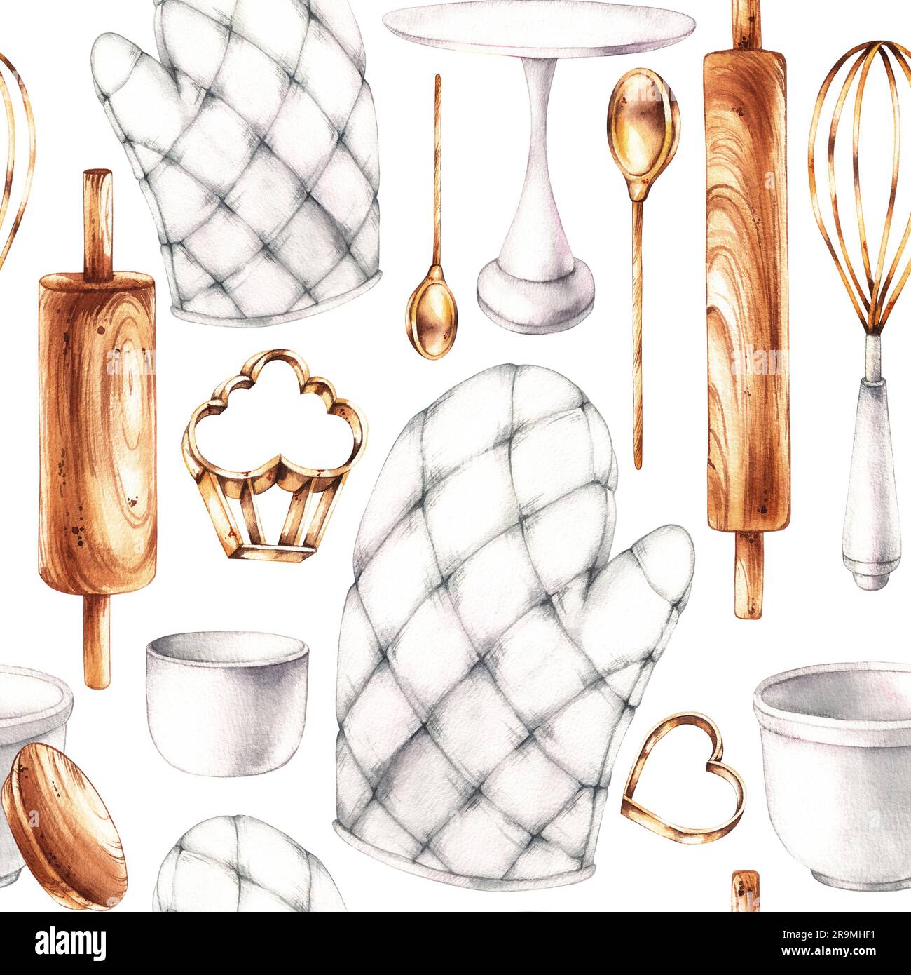 Pattern of tools for baking on a white background. Seamless culinary ...
