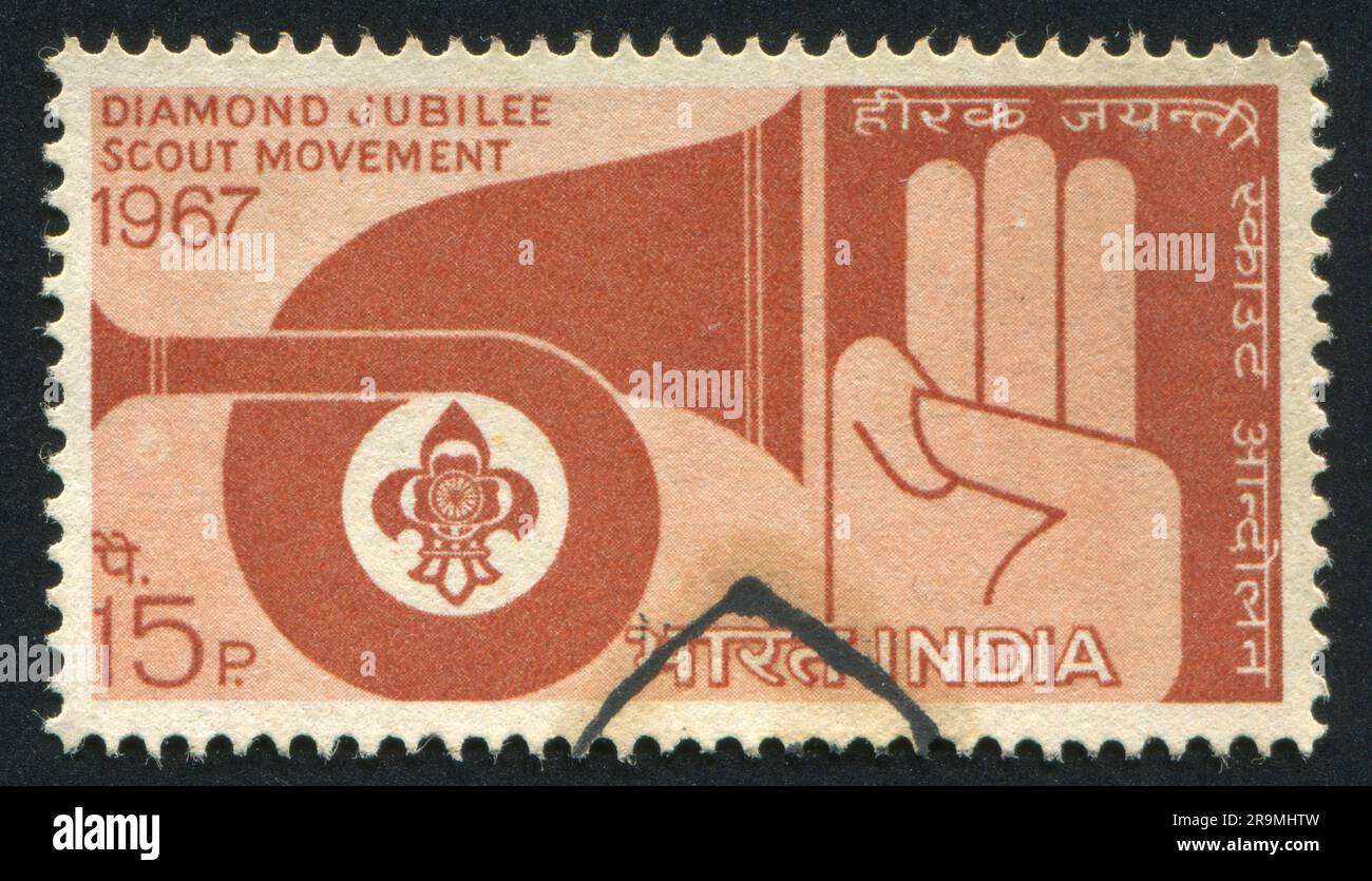 INDIA - CIRCA 1967: stamp printed by India, shows Bugle, Scout Emblem ...