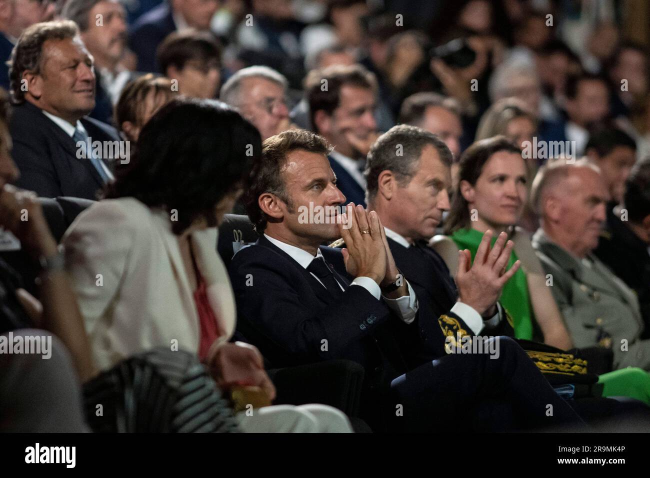 French President Emmanuel Macron gestures during the inauguration of ...