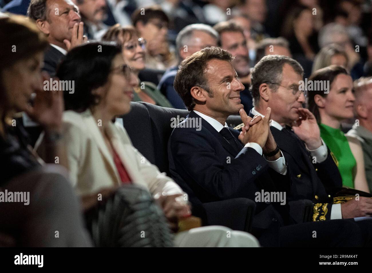 French President Emmanuel Macron gestures during the inauguration of ...