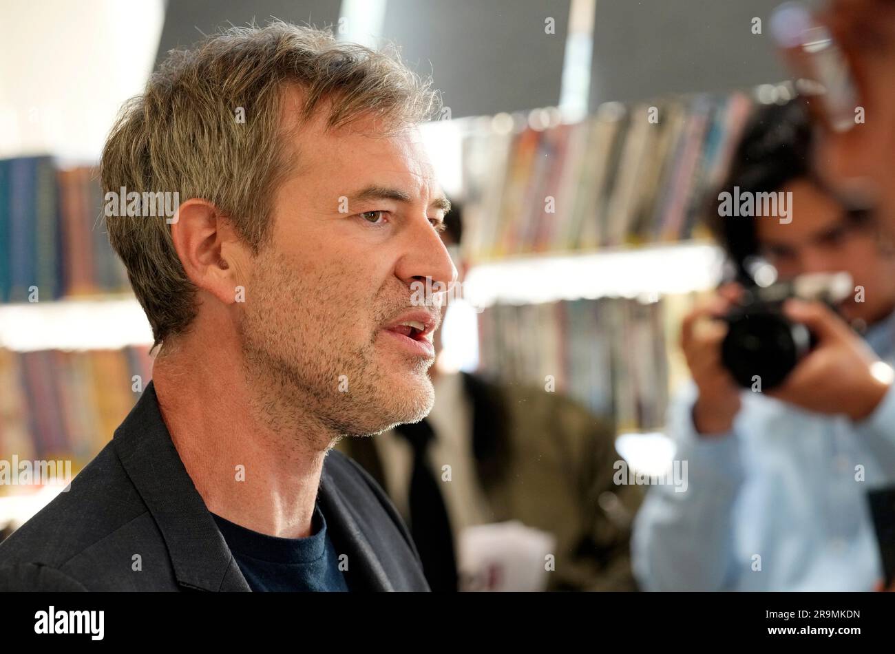 Mark Duplass, a cast member in "Biosphere," is interviewed at the ...