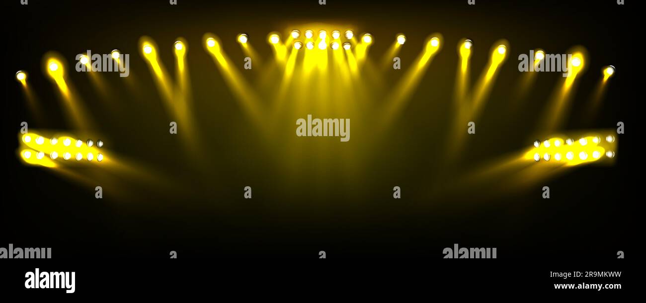 Realistic yellow spotlights shining bright on black background. Vector ...