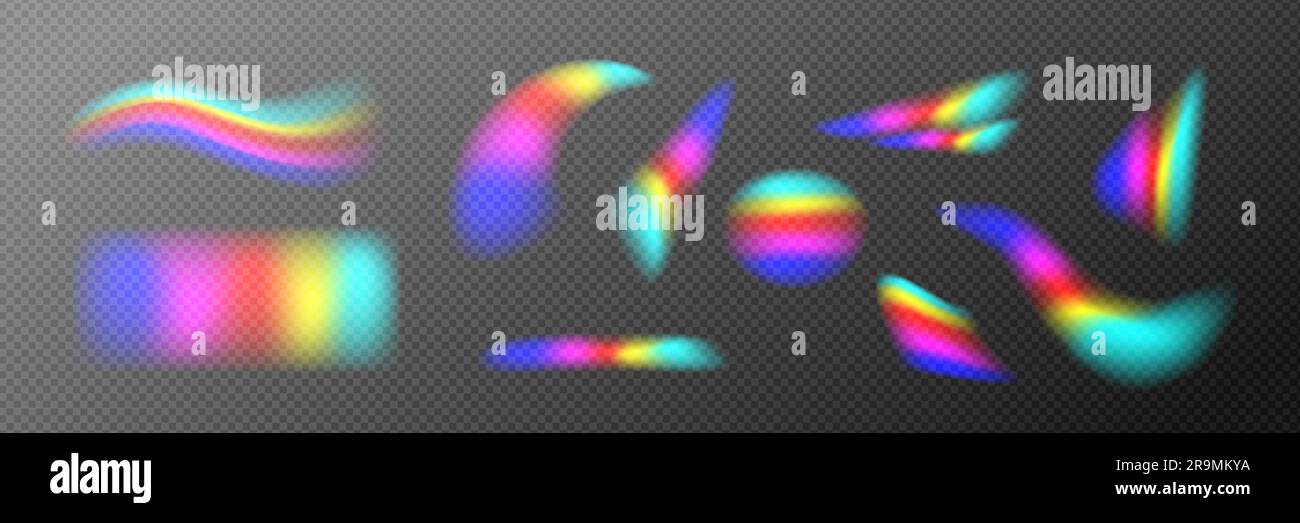 Rainbow light flares of prism, crystal glass or diamond. Overlay texture of lens glare, spectrum ...